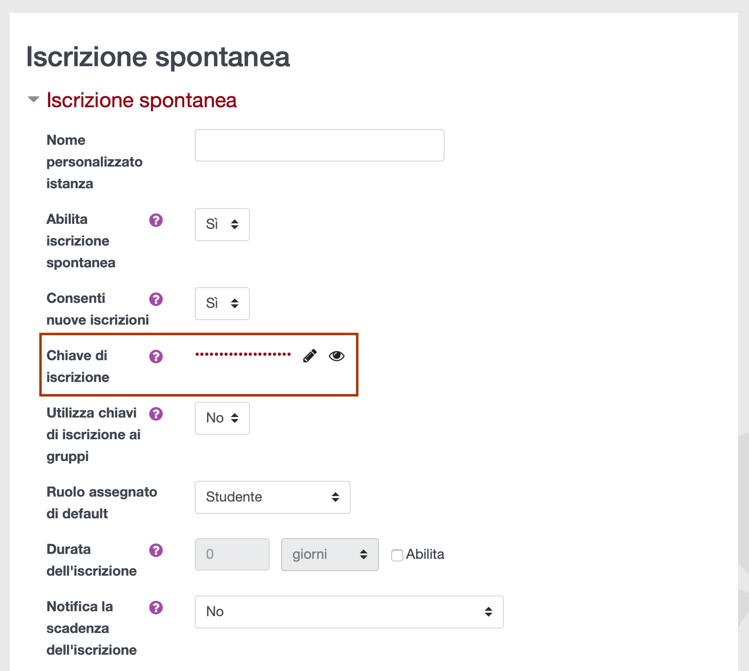 Guida alla creazione ed impostazione di un corso su Moodle: Modificare la chiave di iscrizione ...